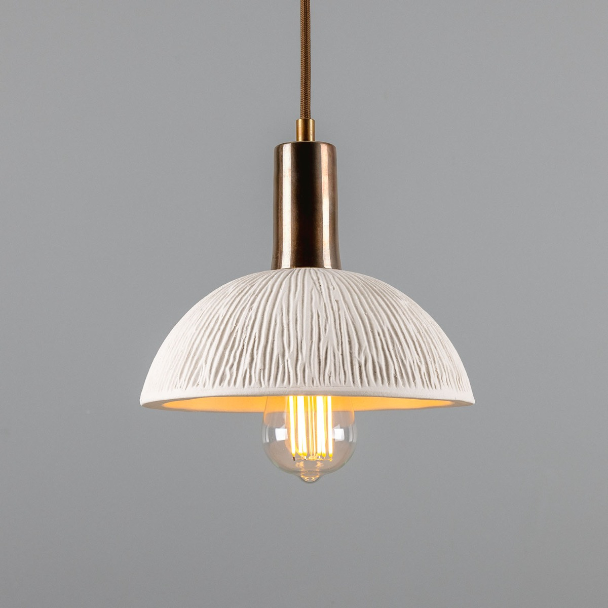 Kauri Organic Ceramic Dome Pendant Light 7.9", Matte White Striped | Mullan Lighting